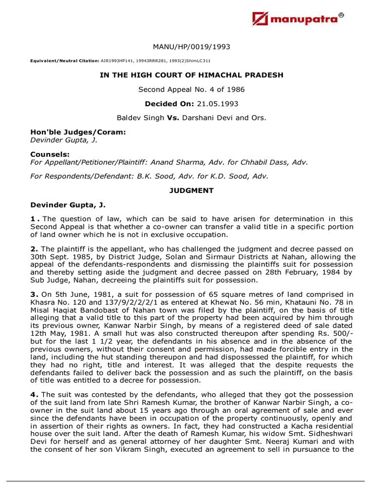 Baldev Singh Vs Darshani Devi | PDF | Lawsuit | Concurrent Estate