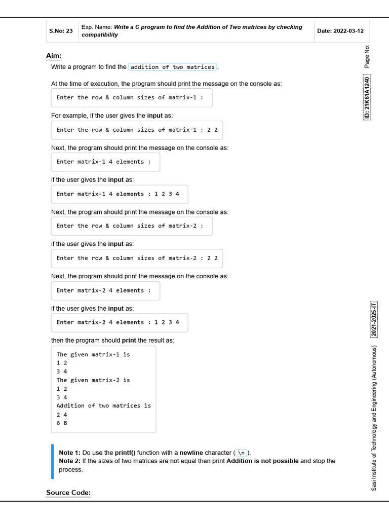 Addition of Matrices | PDF | Computer Programming | Computing