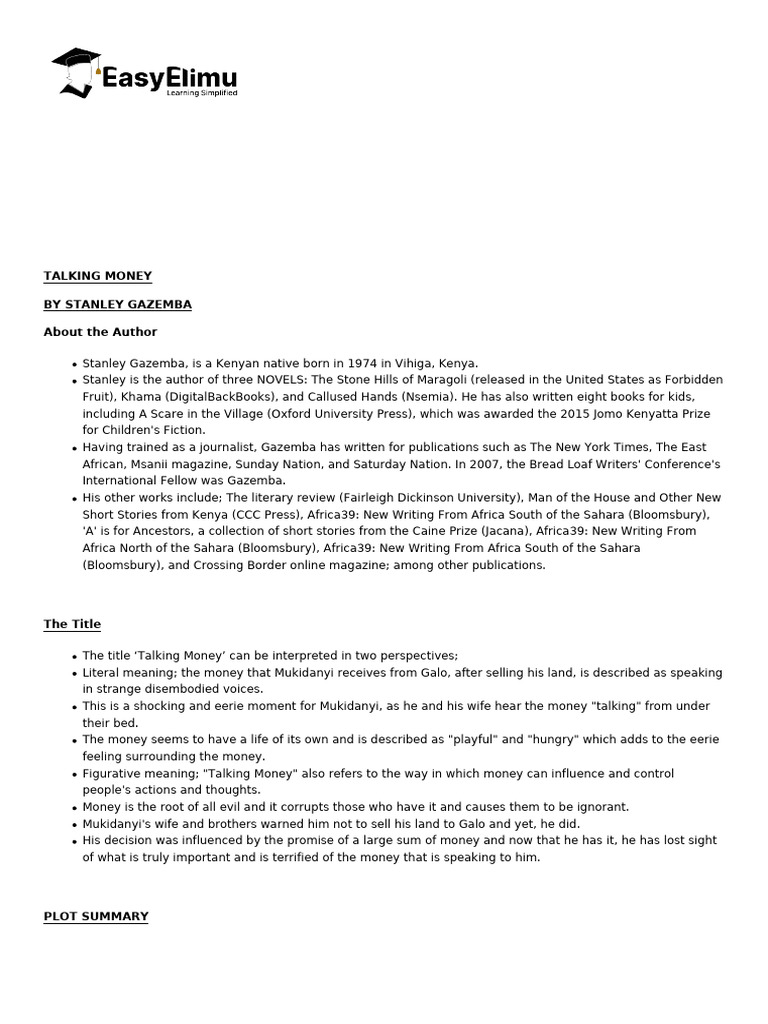 Talking Money - A Silent Song and Other Stories Guide Notes and Video ...