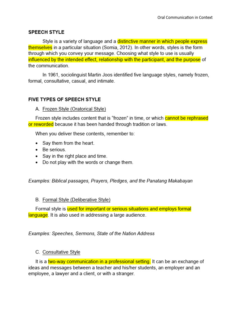 Speech Style | PDF