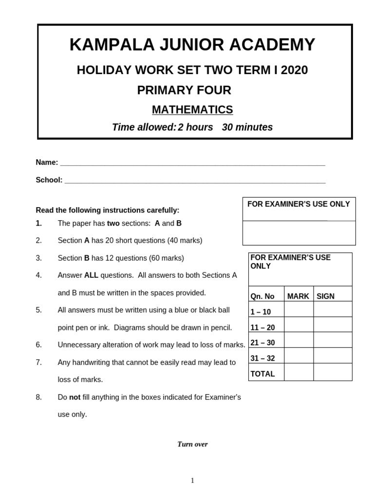 P.4 Set 2 MTC Exam - Teacher - Ac | PDF | Mathematics