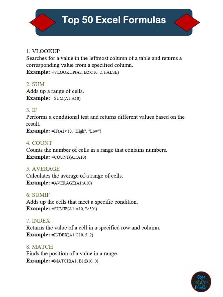 TOP 50 EXCEL FORMULA | PDF | Standard Deviation
