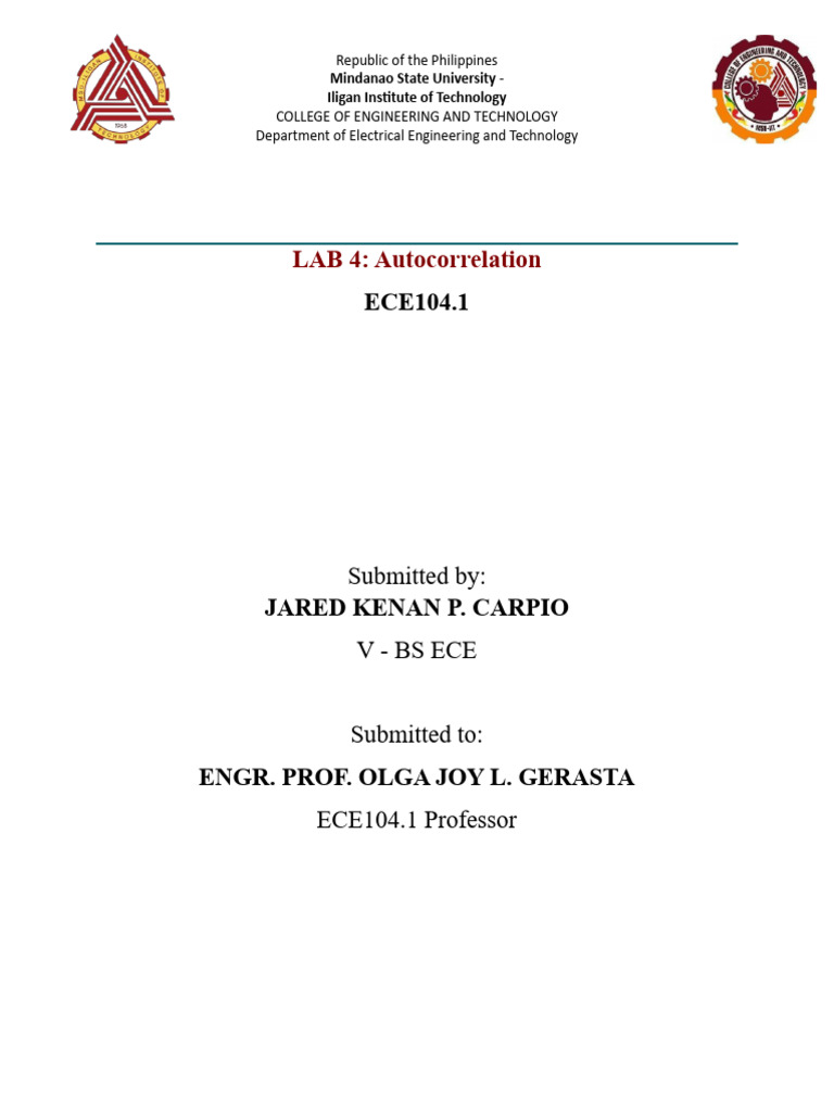 FINAL - Carpio - ECE104.1Lab 4 Autocorrelation | PDF | Autocorrelation ...