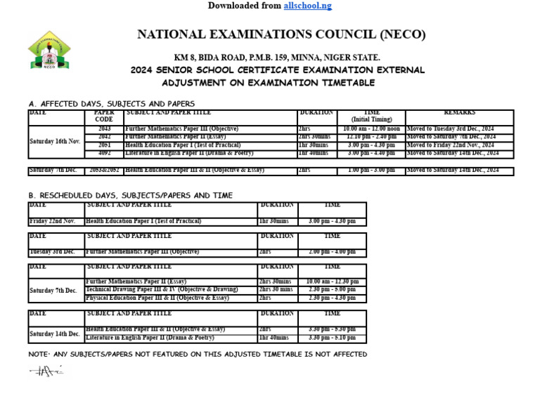 NECO 2024 Exam Timetable Adjustments | PDF
