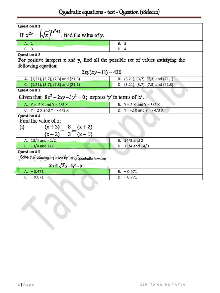 Quadratic Equations - Test - 18dec22 - Questions (1) SOLVED by Muhammad ...