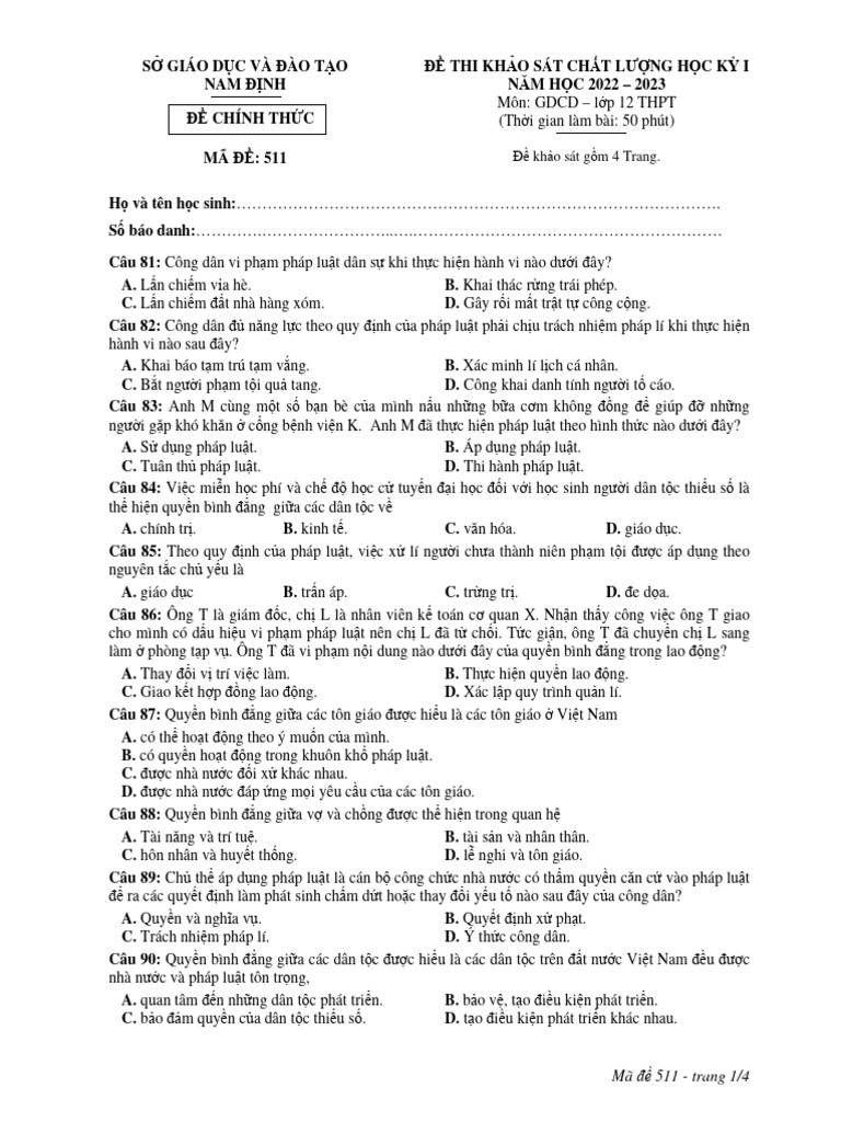 De Thi Hoc Ky 1 GDCD 12 Nam 2022 2023 So GDDT Nam Dinh | PDF