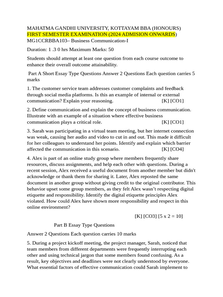 1BBA - Business Communication - Model Question Paper-2024 | PDF ...