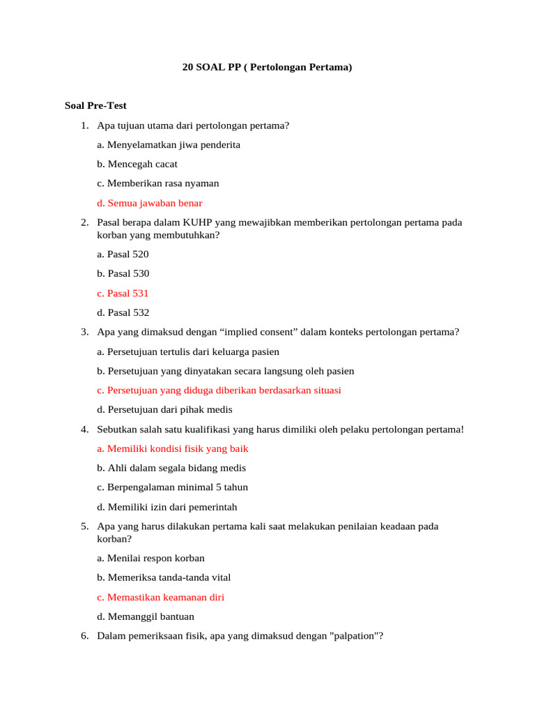 20 SOAL PP (Pertolongan Pertama) | PDF