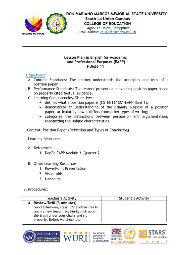 Position Paper Lesson Plan for EAPP | PDF | Argument | Logic