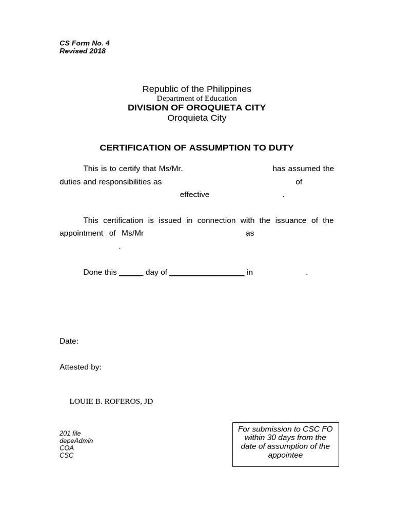CS Form No. 4 Certification of Assumption to Duty | PDF