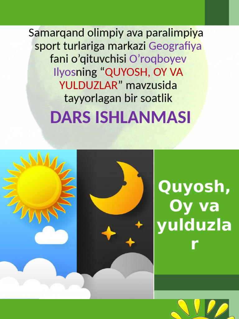 5-Sinf Geografiya Dars Ishlanma. Quyosh, Oy Va Yulduzlar | PDF