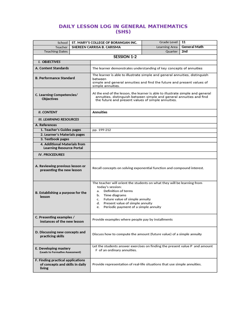 DLL Gen Math Ems Annuities | PDF | Function (Mathematics) | Logarithm