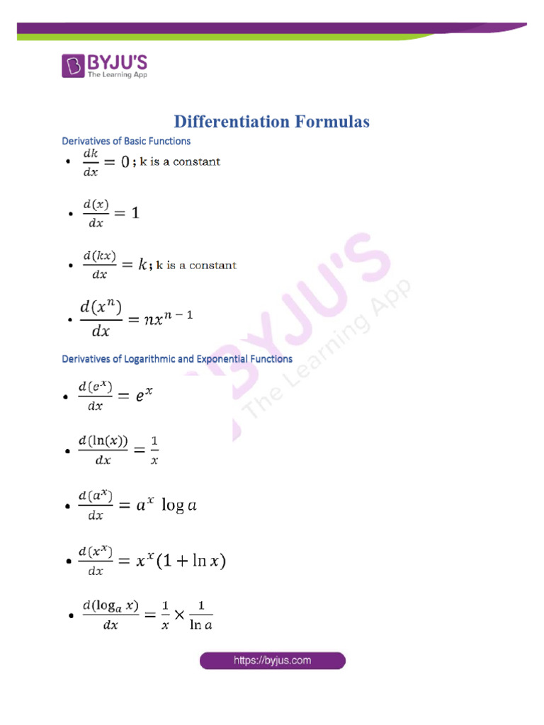 Differentiation Formulas PDF | PDF