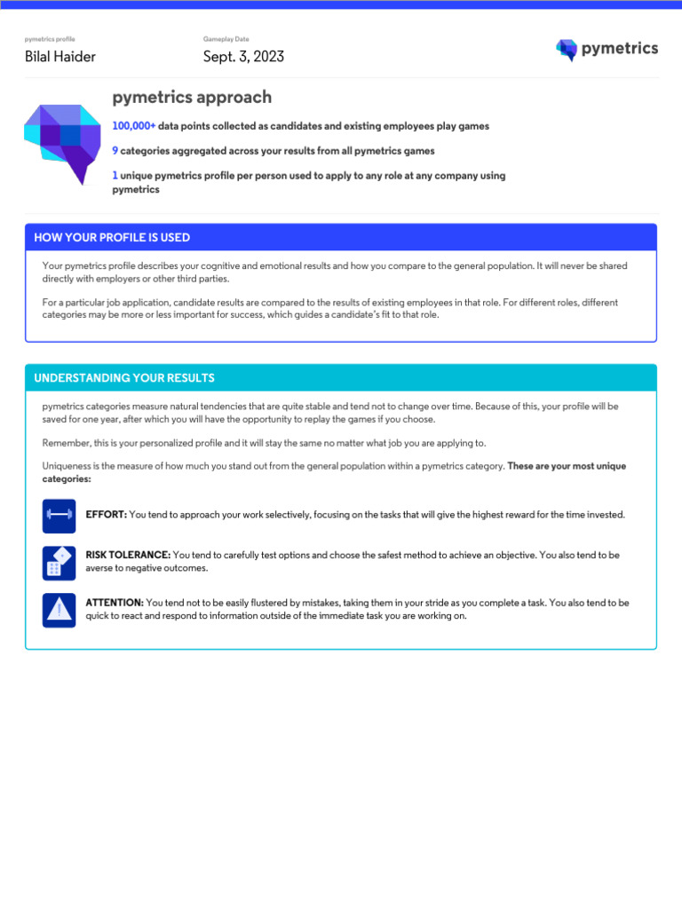 Pymetrics Profile Insights | PDF | Risk | Emotions