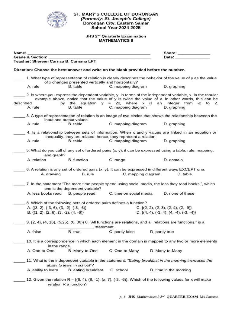 TQ Grade 8 -2nd Quarter | PDF | Function (Mathematics) | P Value