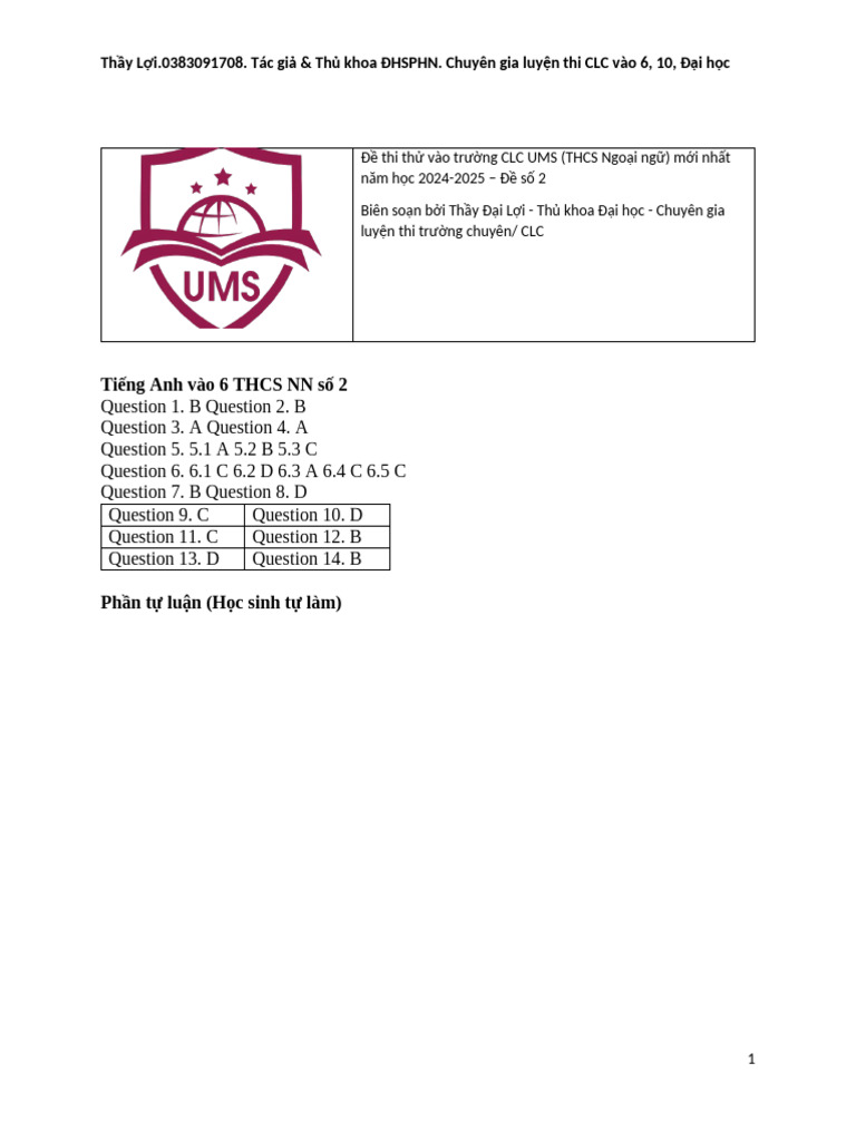 Đề thi vào lớp 6 CLC Trường THCS NN UMS số 2 - key | PDF
