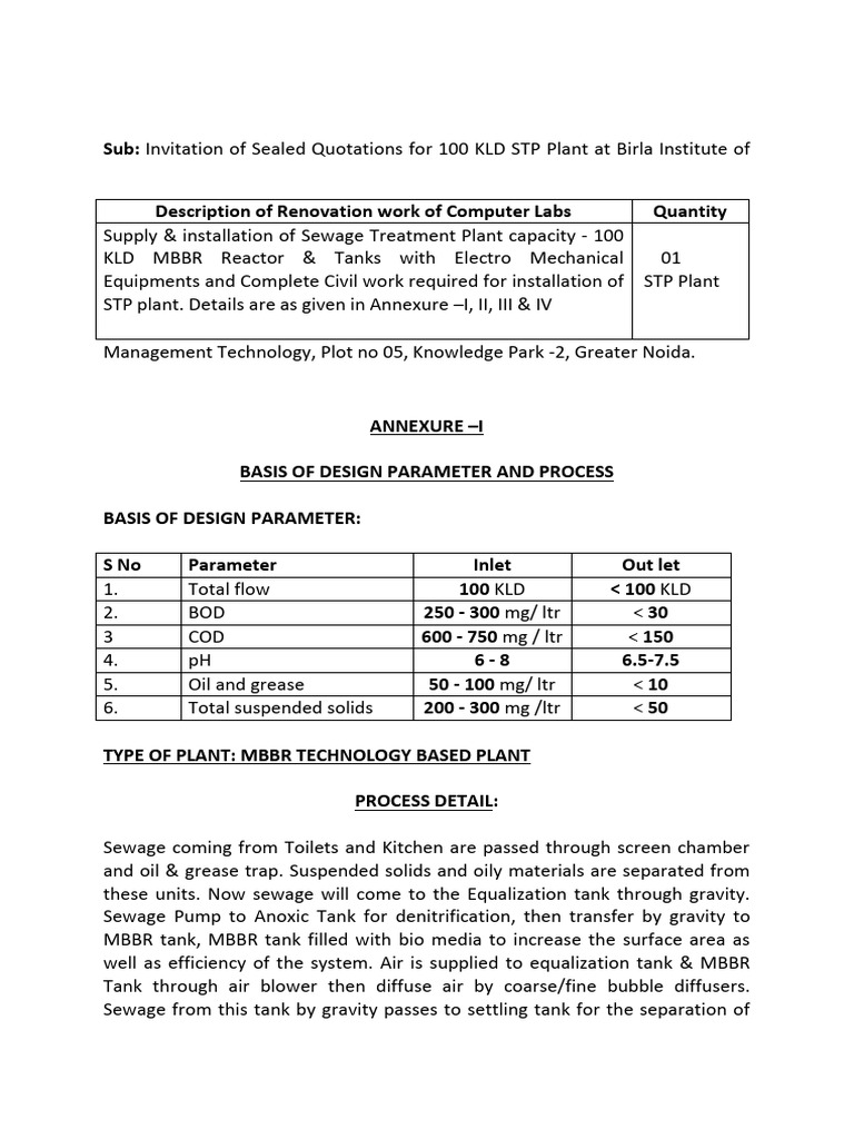 100 KLD MBBR STP Plant Example | PDF | Chemical Engineering | Energy Technology