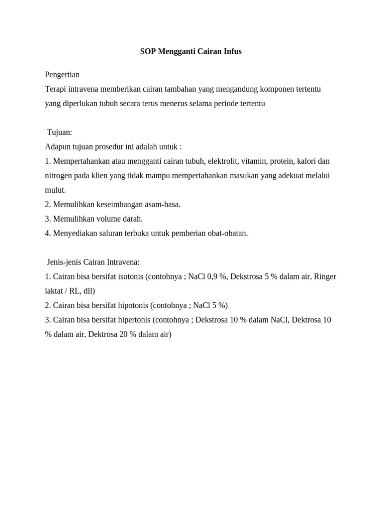 SOP Cara Mengganti Cairan Infus. (Efrina Saragih) | PDF