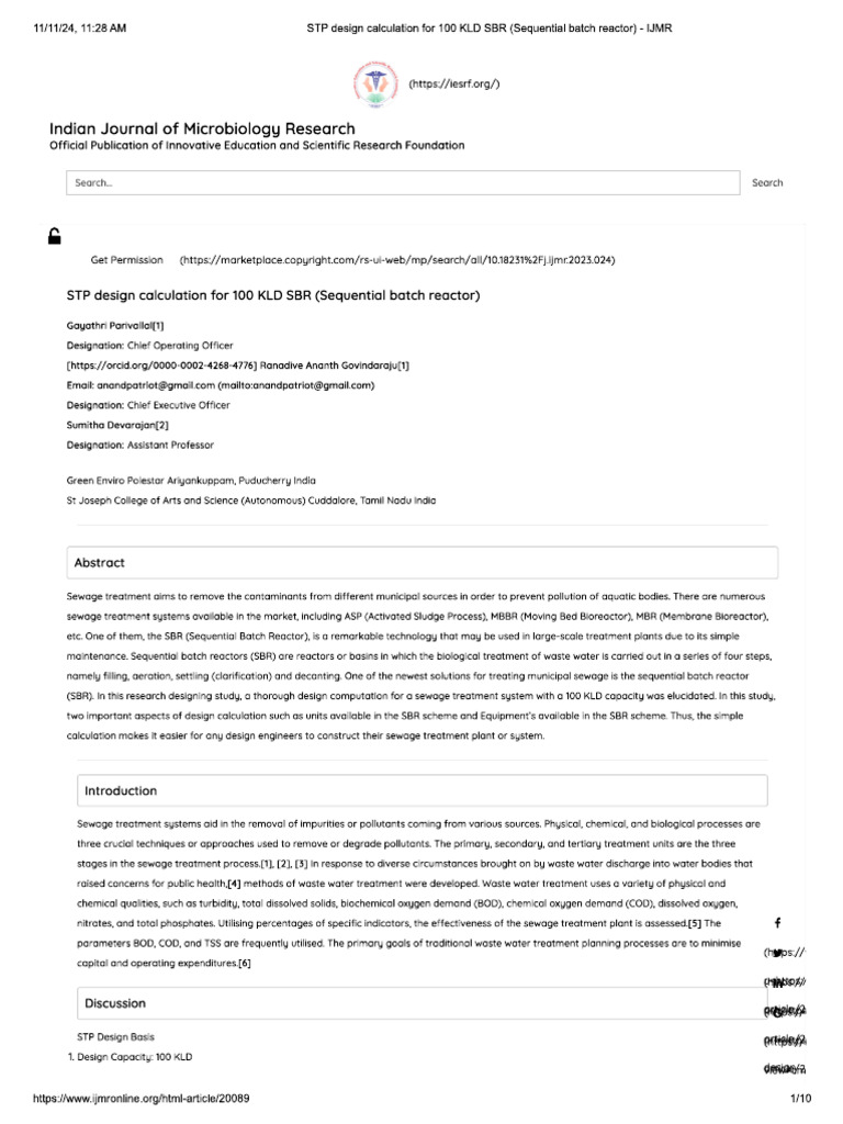100 KLD SBR Technical Calculations and Design Parameters | PDF