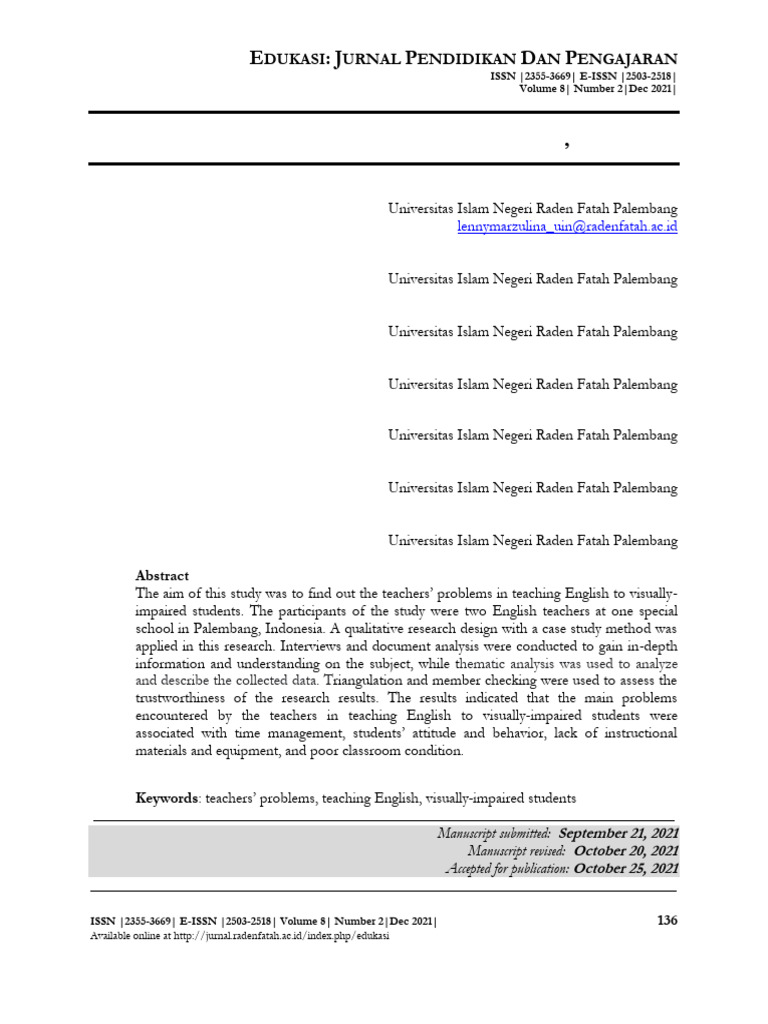 Paper 1 TEACHING ENGLISH TO VISUALLY-IMPAIRED STUDENTS | PDF | Visual ...
