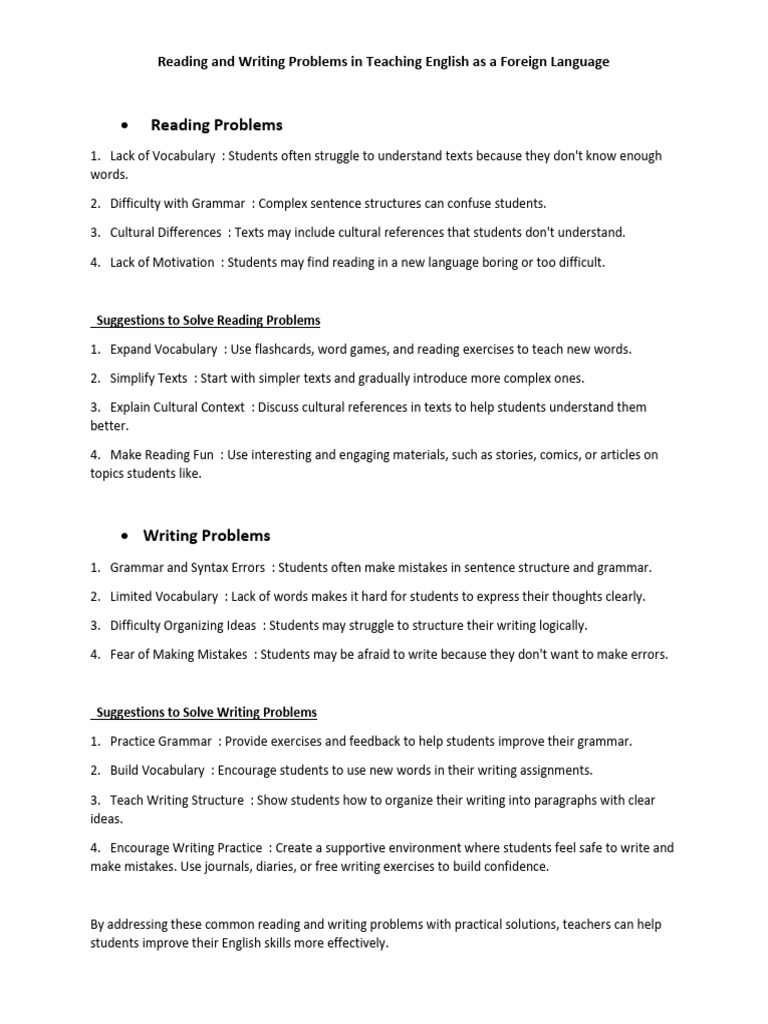Reading and Writing Problems in Teaching English As A Foreign Language ...