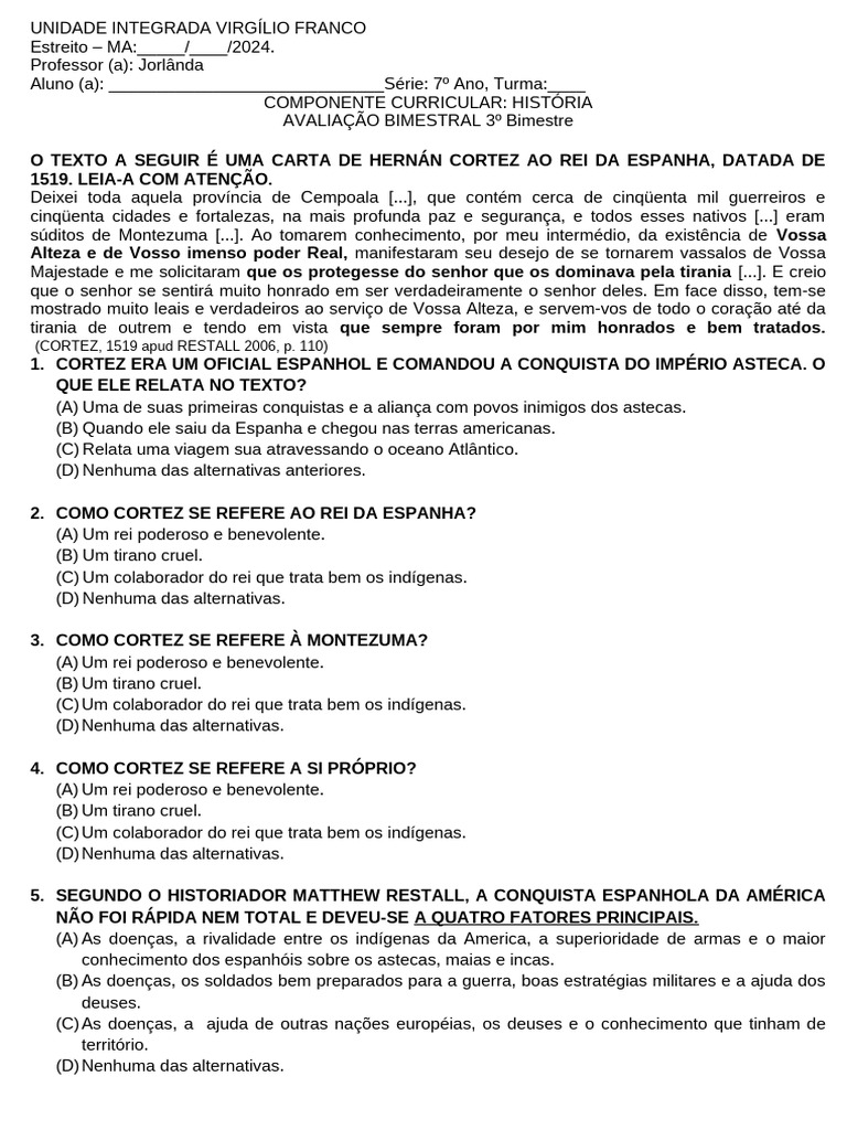 Prova Do 3B Histor 7 Ano | PDF | História