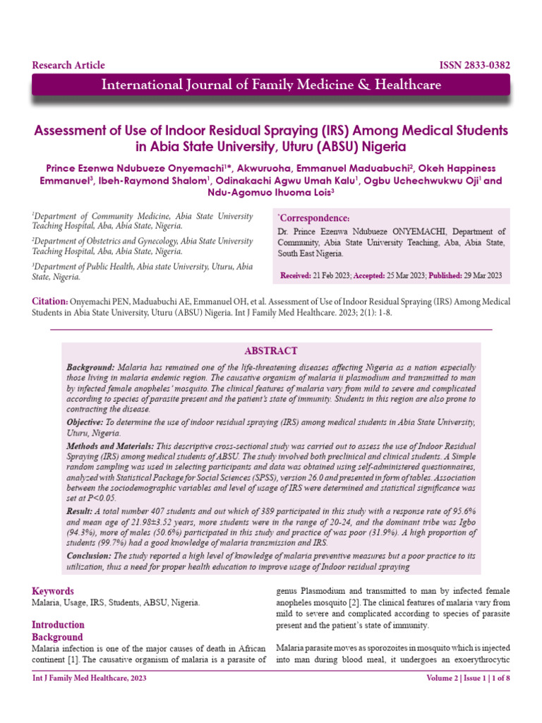 IRS Usage Among ABSU Medical Students | PDF | Malaria | Medical School