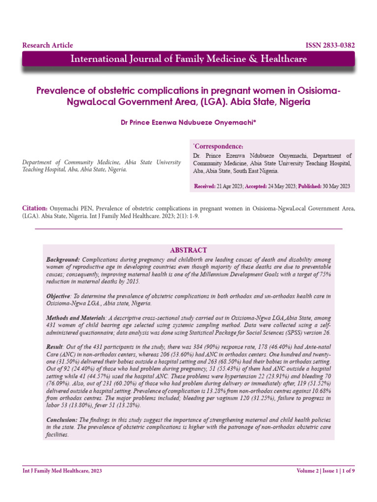 Prevalence of Obstetric Complications in Pregnant Women in ...