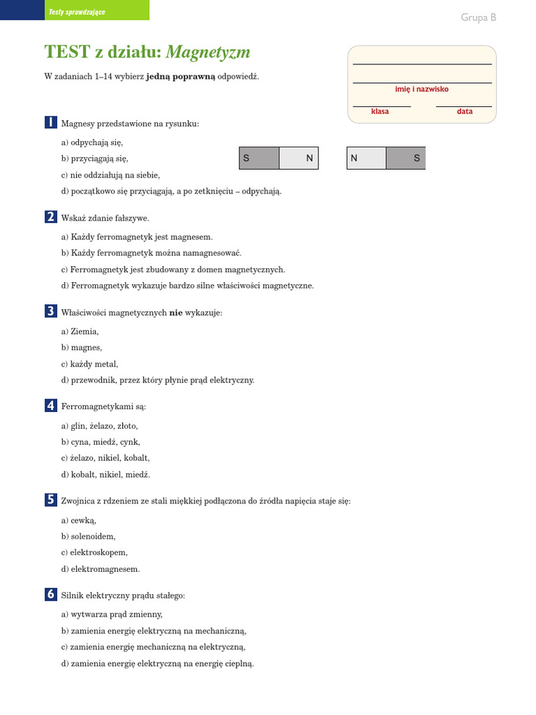 TEST Z Działu:: Magnetyzm | PDF