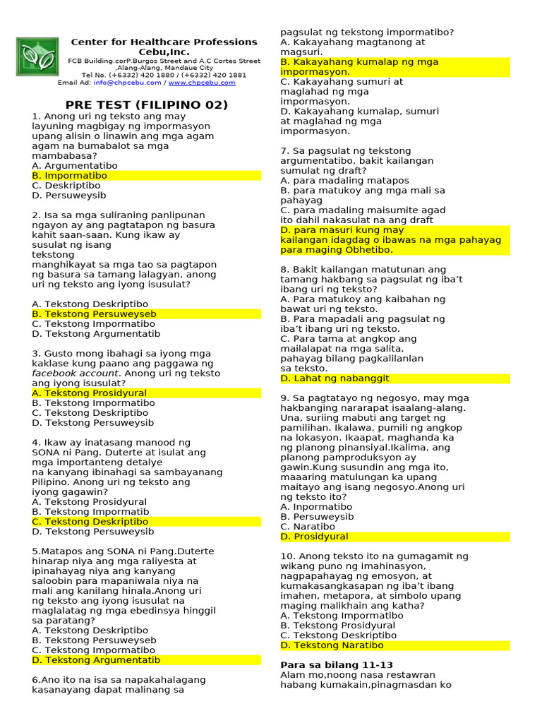 Pre Test Filipino 02 | PDF