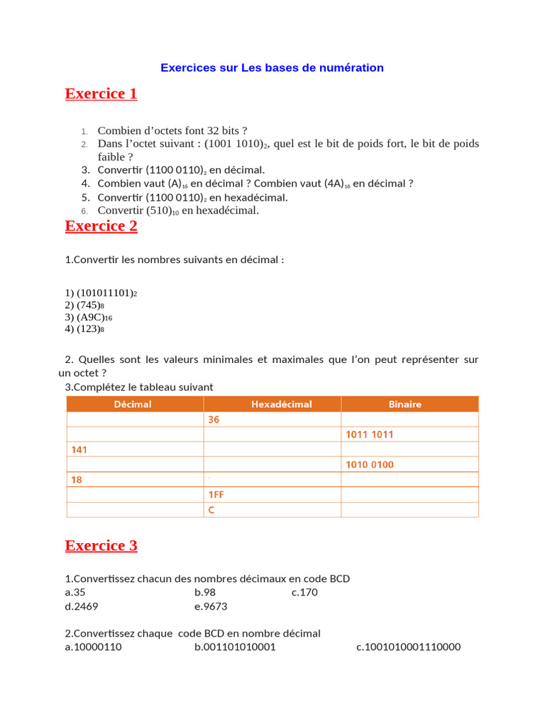 Exercices sur le système décimal et binaire | PDF