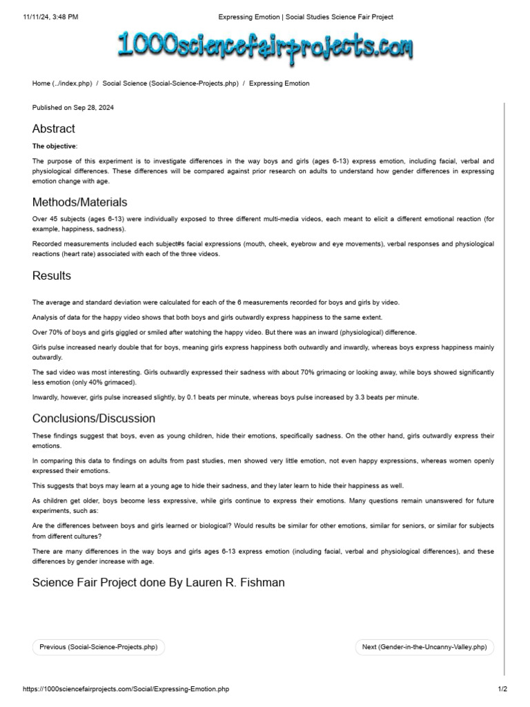Expressing Emotion - Social Studies Science Fair Project | PDF ...