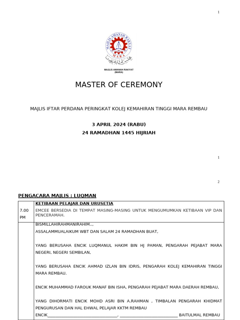 Iftar Perdana KKTM MARA Rembau 2024 | PDF
