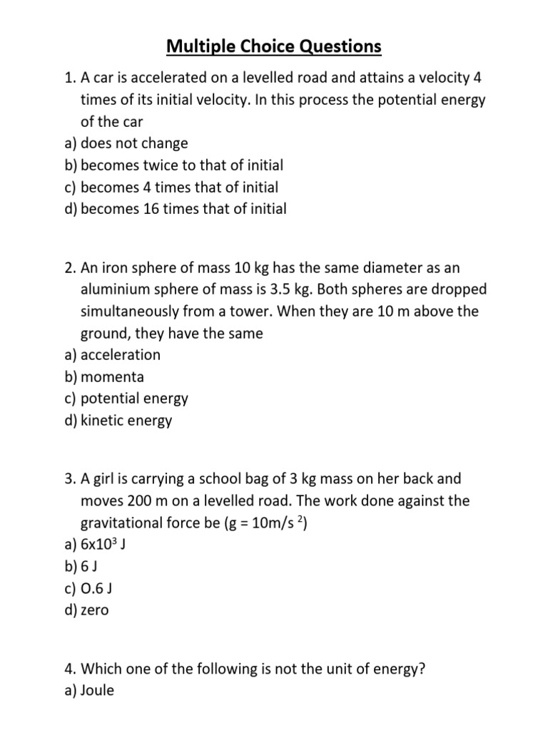 MCQs TYPE | PDF | Force | Kinetic Energy