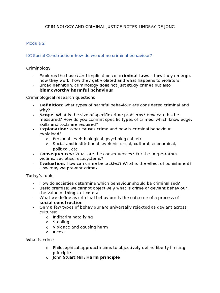 Criminology and Criminal Justice Notes Lindsay de Jong | PDF | Crime ...
