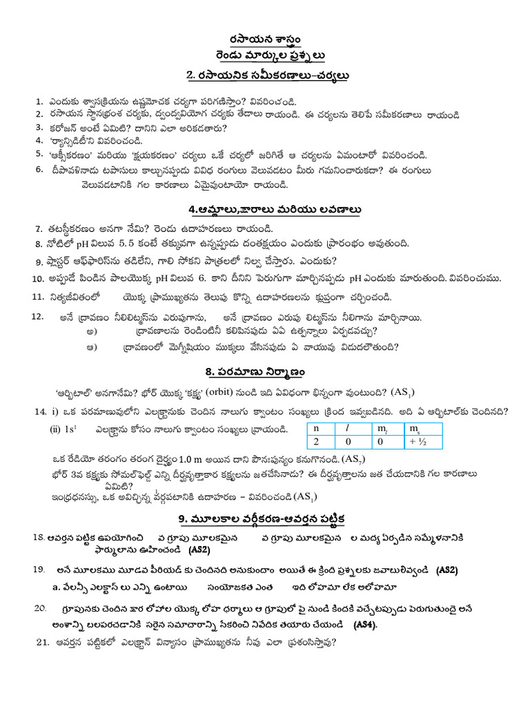 10th Class Chemistry Imp Questions | PDF
