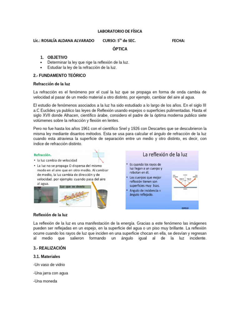 Leyes de Reflexión y Refracción de Luz | PDF | Refracción | Reflexión ...