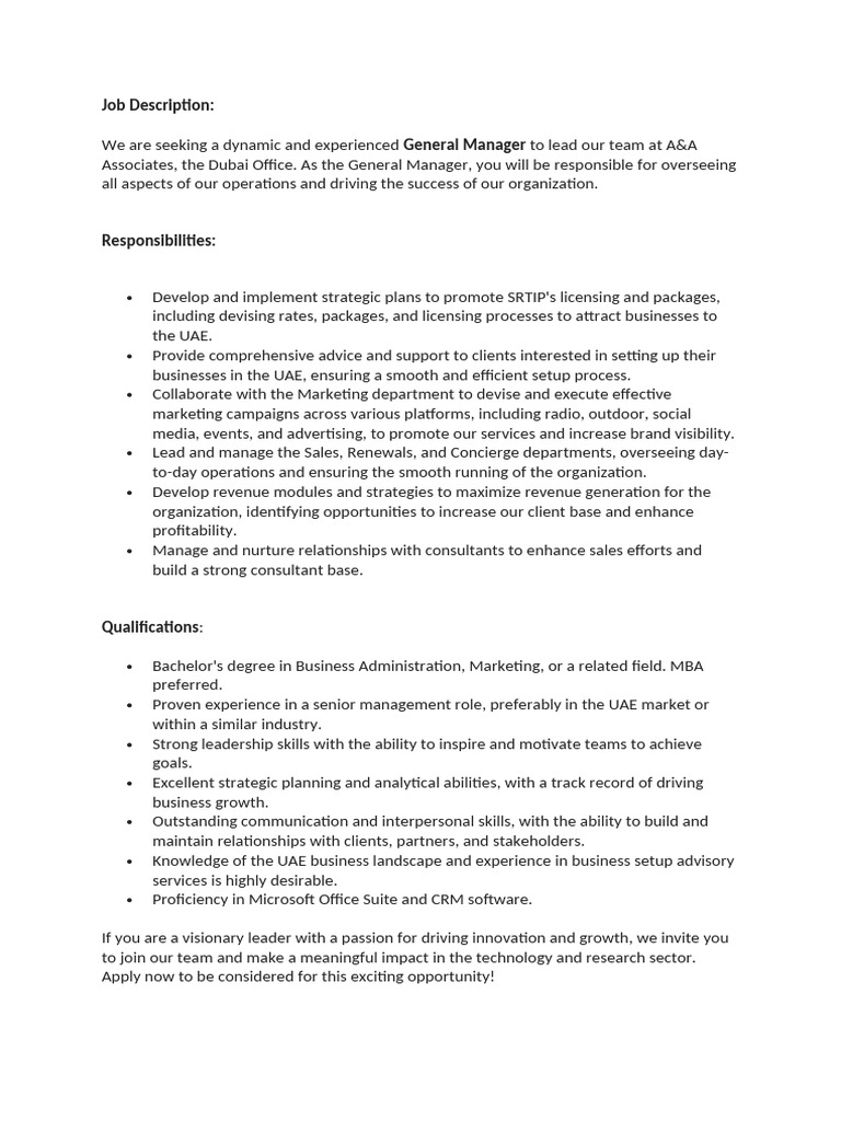 General Manager - Job Description | PDF | Career & Growth | Business