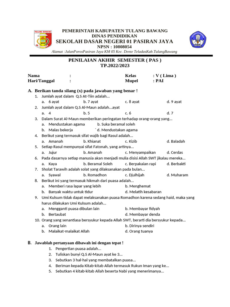 Soal Pas Pai Kelas 5 | PDF