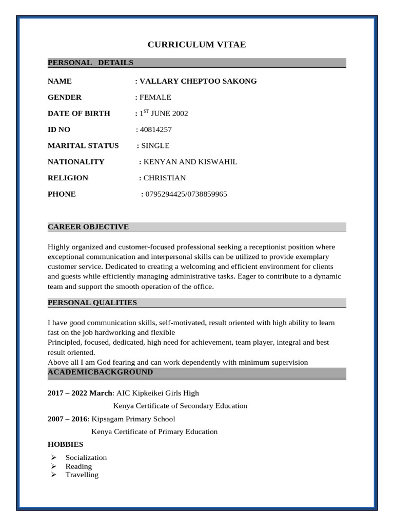 Vallary Cheptoo Sakong CV | PDF
