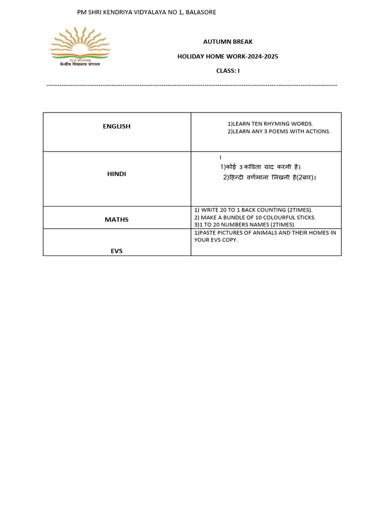 Class I Autumn Break Holidays Homework 2024 | PDF