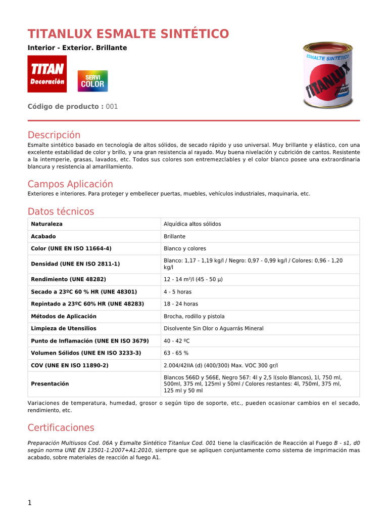Esmalte Titanlux Ficha Tecnica | PDF | Hogar, jardinería y bricolaje