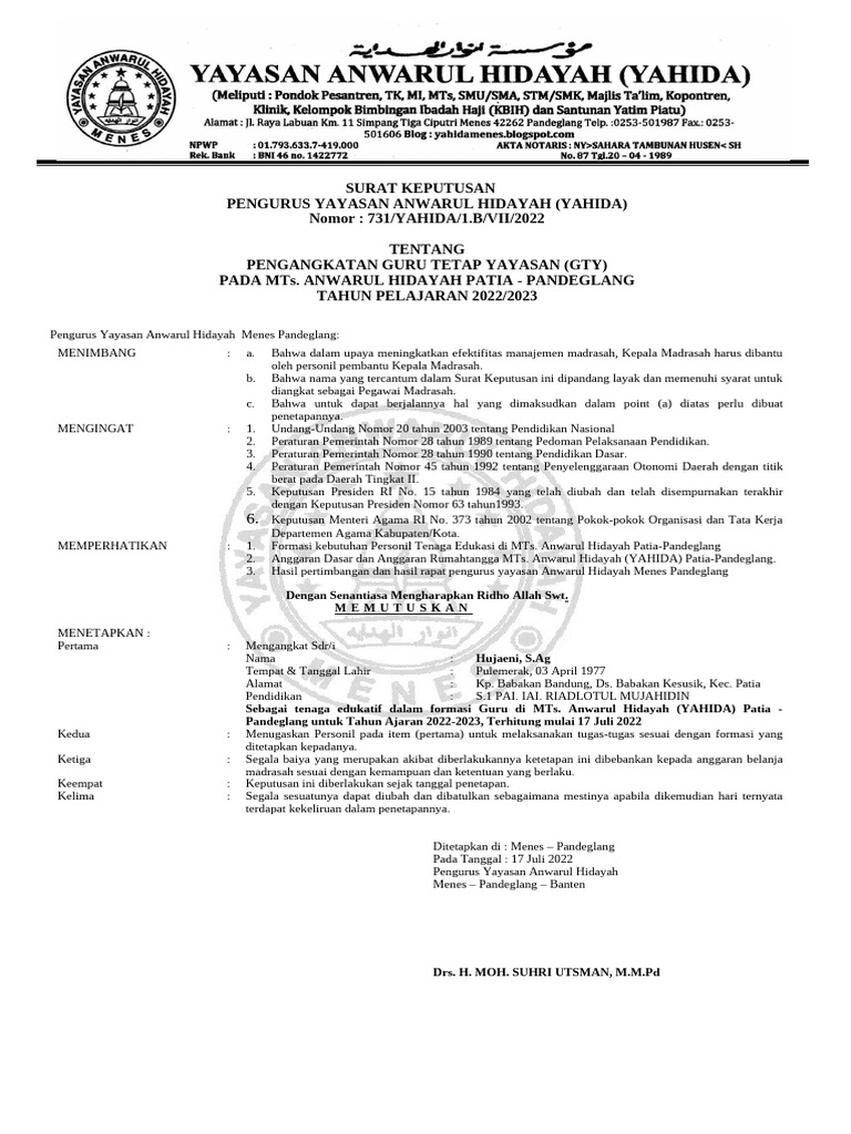 Surat Keputusan Penetapan Guru Honor MTs Yahida Patia | PDF