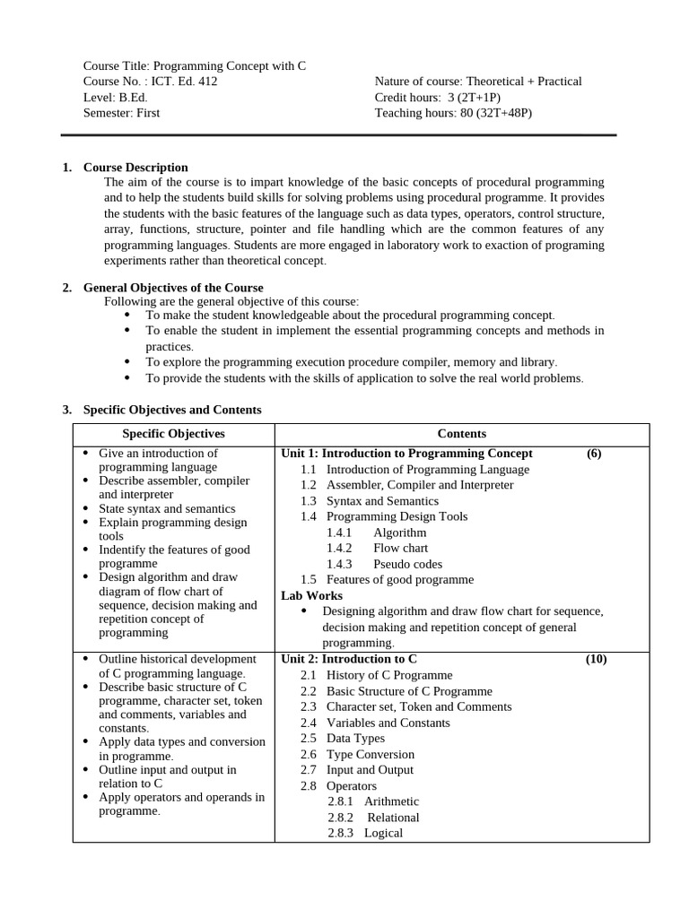 1st Sem Syllabus (ICT 416 Programming Concept With C) | PDF | Pointer (Computer Programming ...