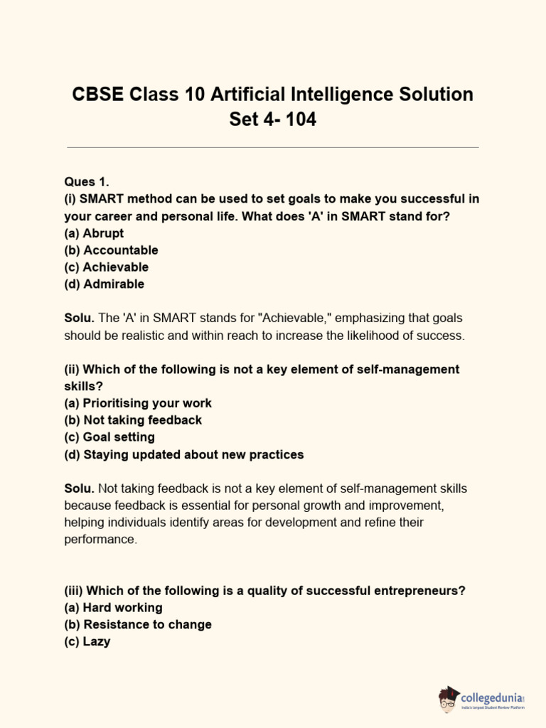 CBSE Class 10 Artificial Intelligence Solution Set 4 104 | PDF ...