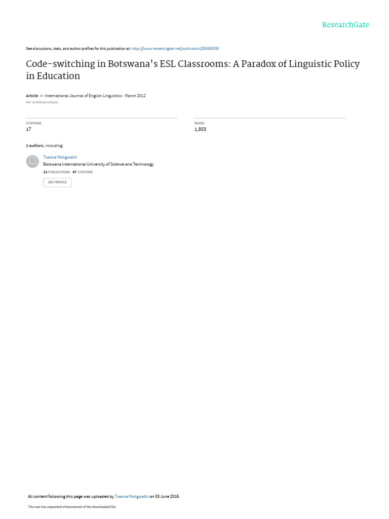 Code-Switching in Botswanas ESL Classrooms A para | PDF | Second Language | Multilingualism