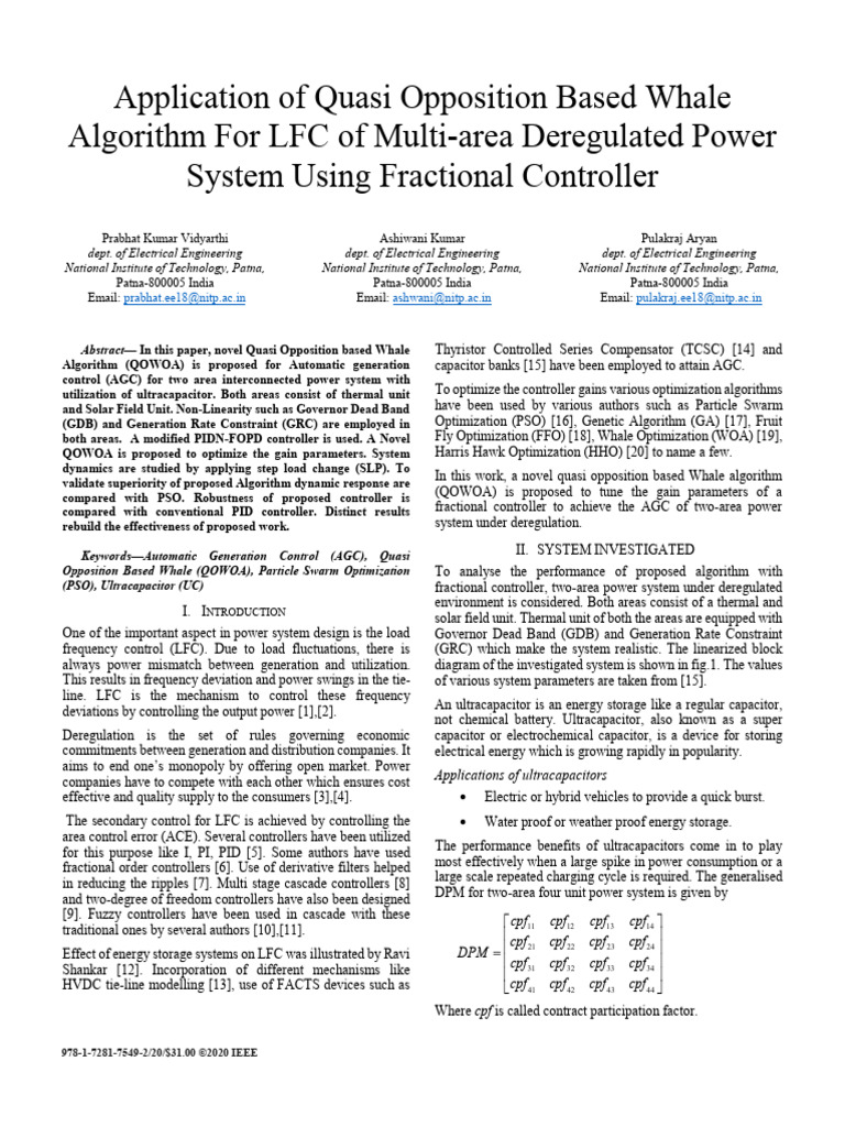 Application of Quasi Opposition Based Whale Algorithm For LFC of Multi-Area Deregulated Power ...