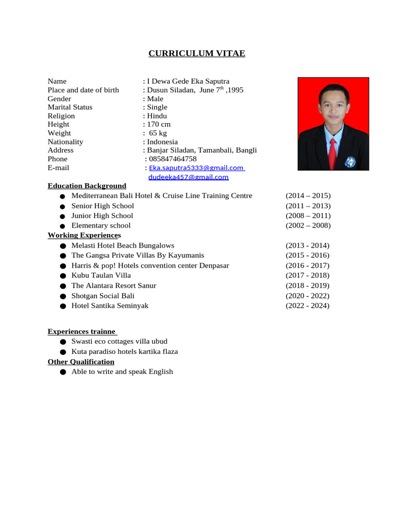 I Dewa Gede Eka Saputra CV | PDF