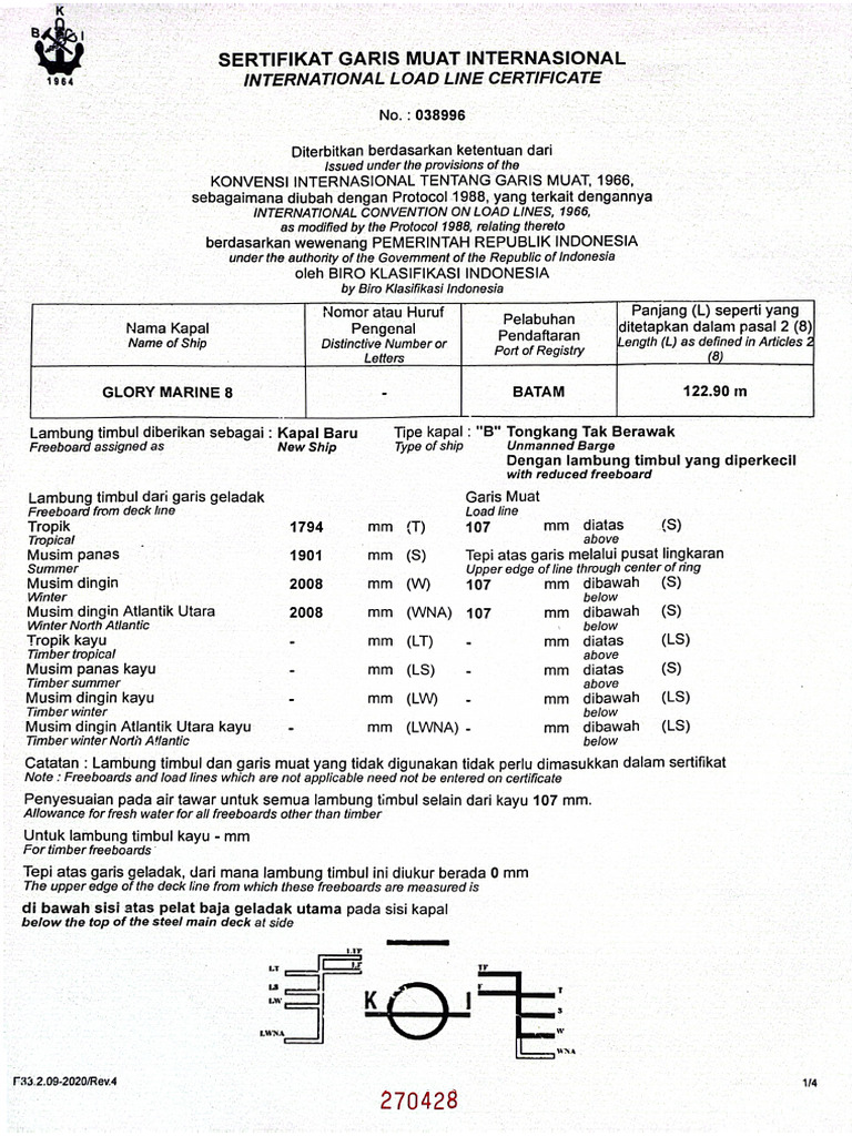 BKI Garis Muat - TK. Glory Marine 8 - 25 September 2027 (Endorse. 28 Juni 2023) | PDF
