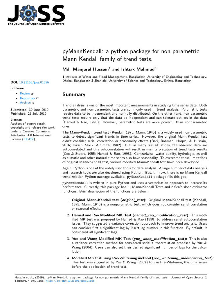 Hussain, Mahmud - 2019 - pyMannKendall A Python Package For Non Parametric Mann Kendall Family ...